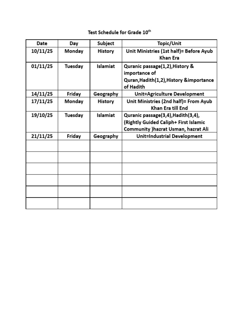 Test Schedule for Grade 10th.docx | PDF