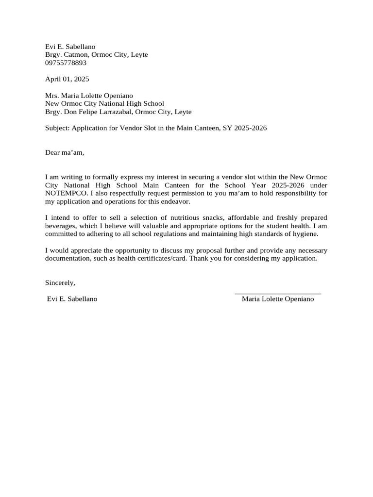 Letter for NOCNHS Application Draft - Evi | PDF