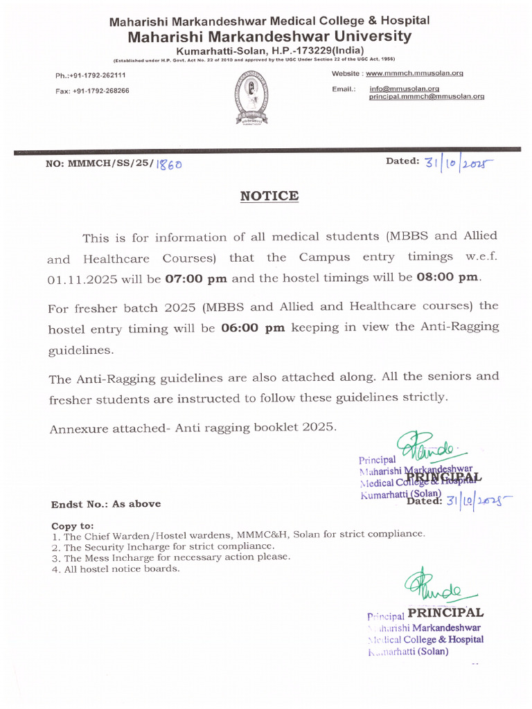 Notice - Regarding Campus Entry Timings and Anti-ragging Booklet | PDF