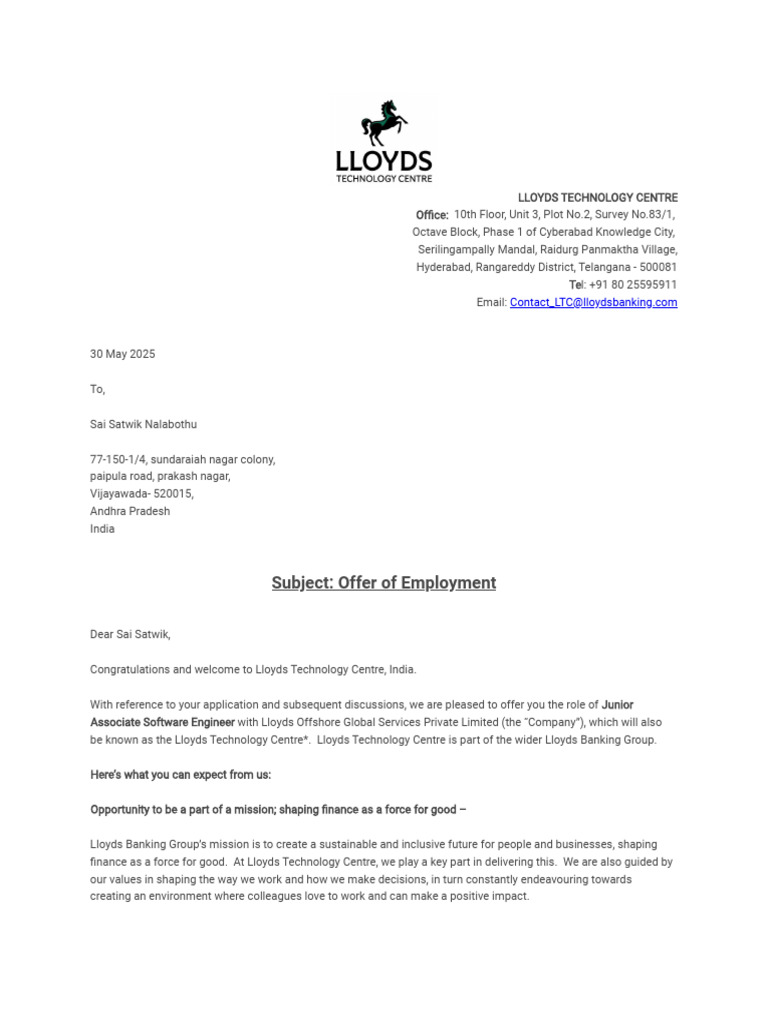 Sai Satwik LTC Offer Letter | PDF | Background Check | Employment