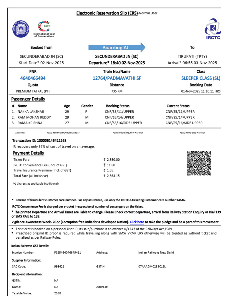 12764/padmavathi SF Sleeper Class (SL) | PDF | Identity Document