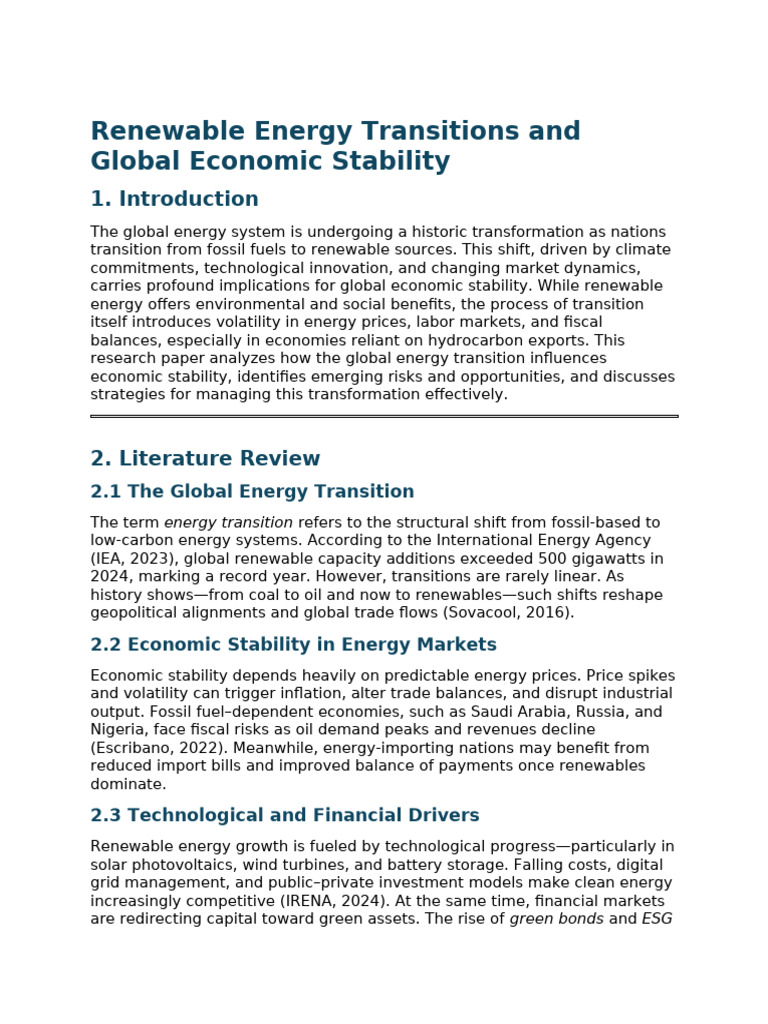 Renewable Energy Transitions and Global Economic Stability | PDF ...