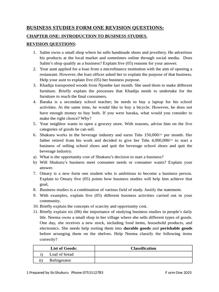 Business Studies Form One Revision Questions - 072304 | PDF ...