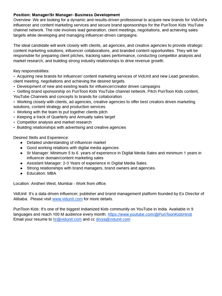 JD - ManagerSr Manager - Business Development | PDF | Marketing ...