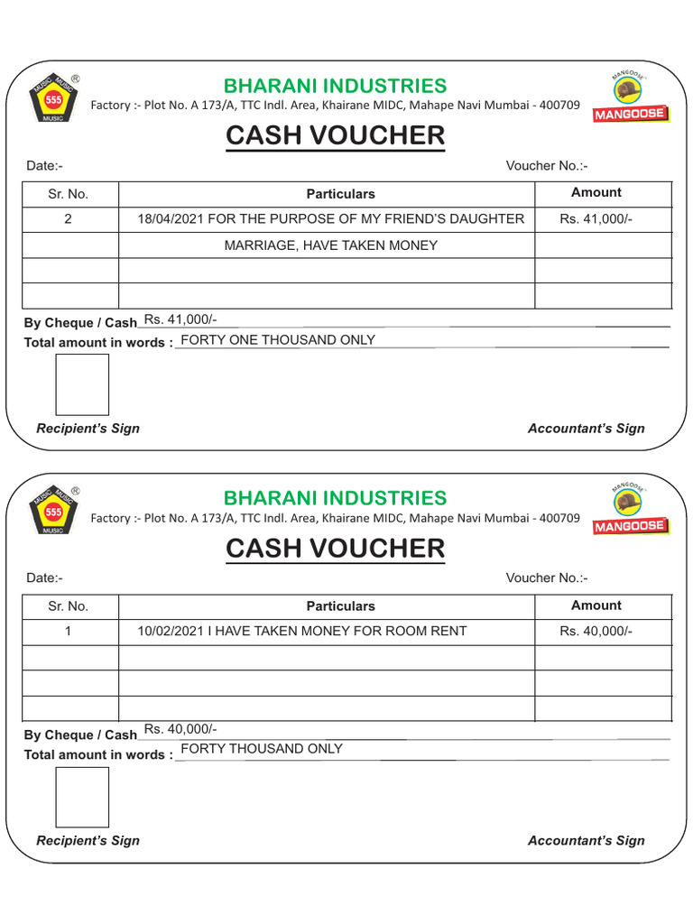 Cash Vouchers for Bharani Industries | PDF