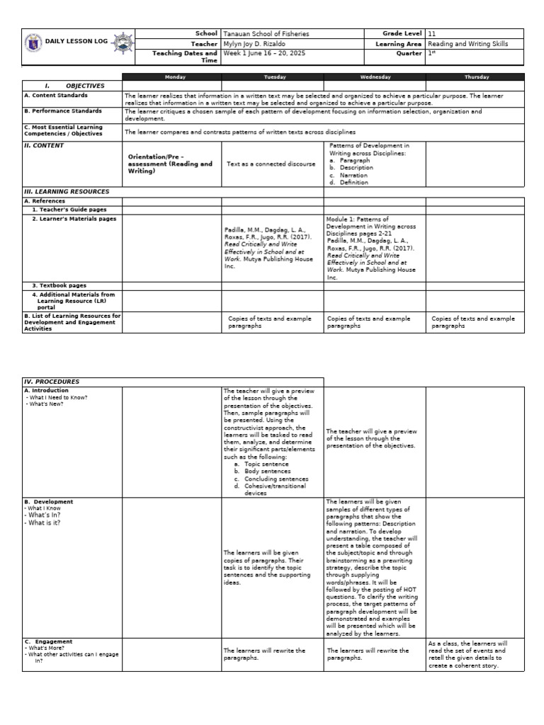 DLL-WEEK-1-RWS | PDF | Cognition | Behavior Modification