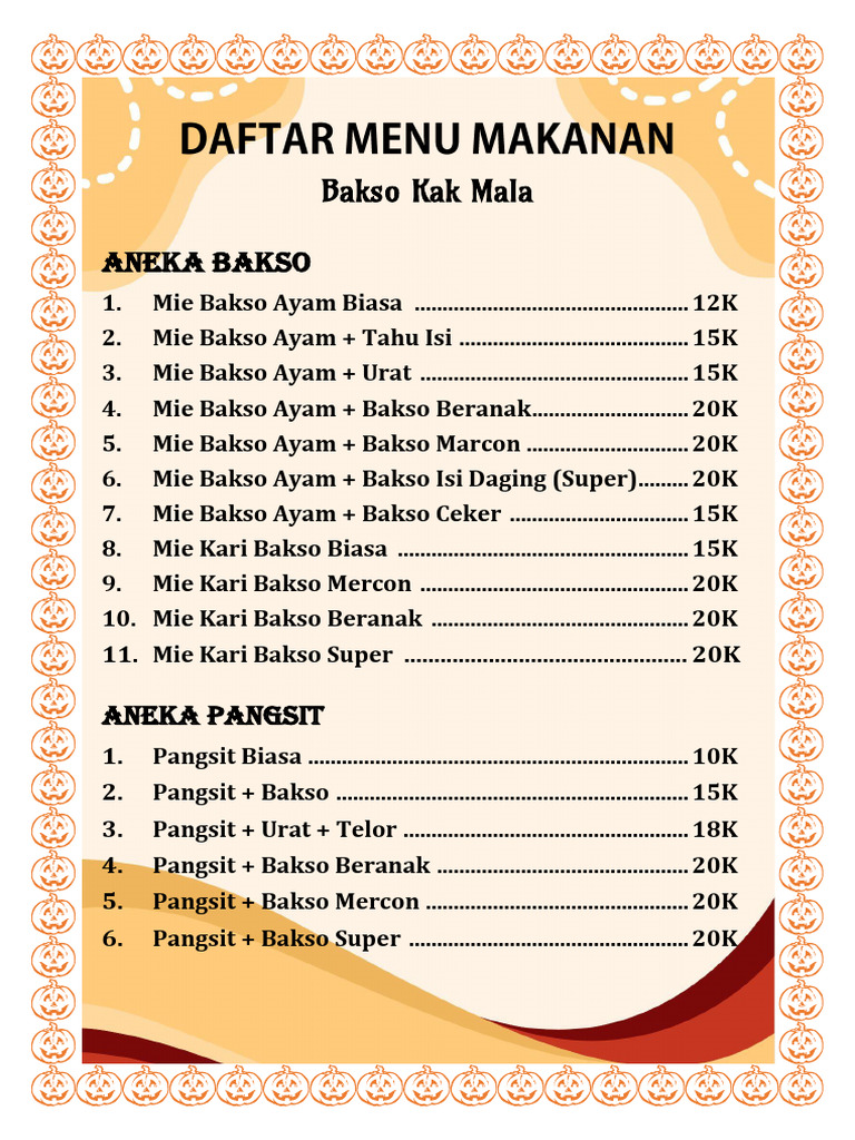 Daftar Menu Makanan Bakso Kak Mala | PDF