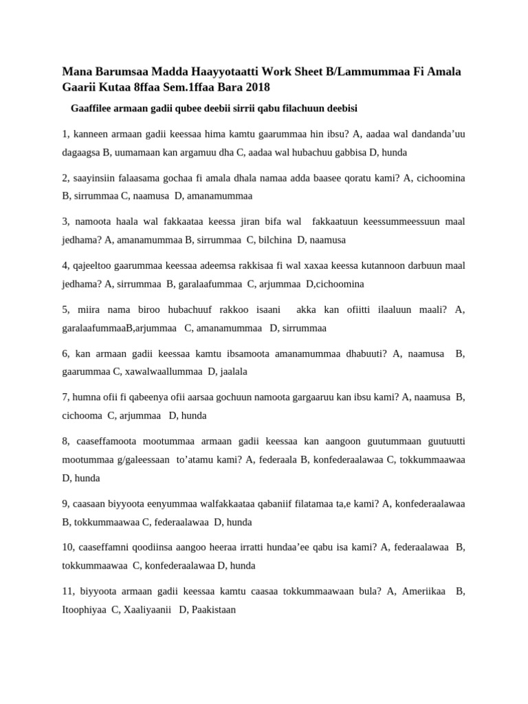 Work Sheet Madda Haayyotaa | PDF