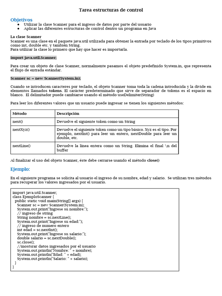 Uso de Scanner y Estructuras de Control en Java | PDF | Java (lenguaje ...