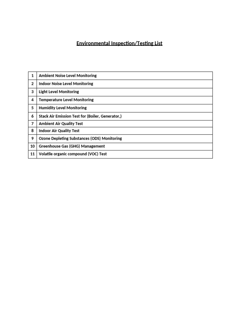 Environmental Inspection Testing Checklist | PDF