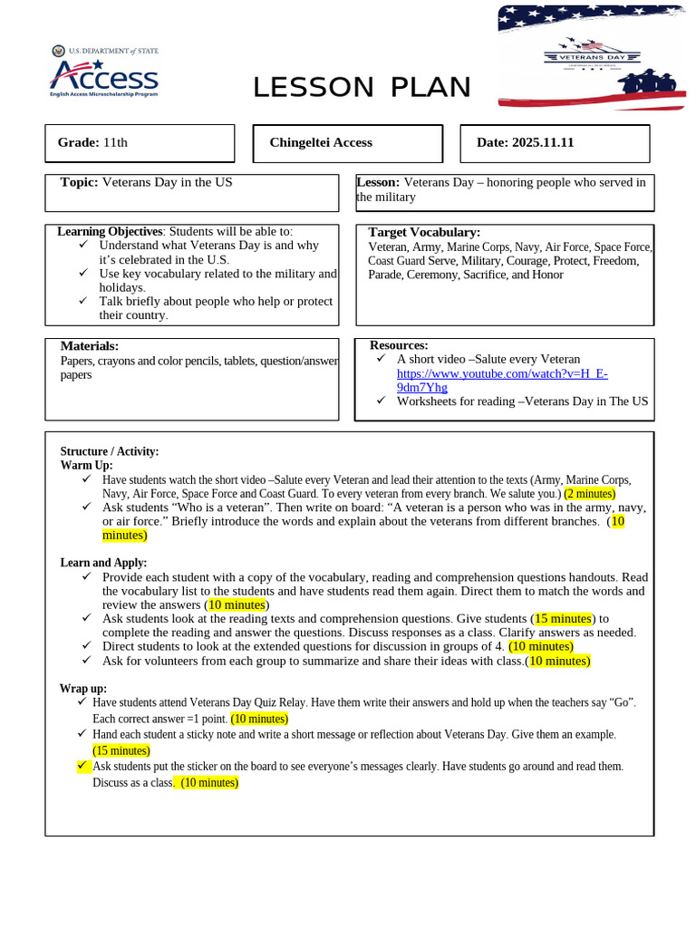 Lesson Plan for Veterans Day | PDF | Reading Comprehension