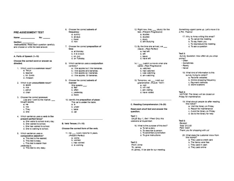 Pre-Assessment Test: Parts of Speech | PDF | Languages | Foreign ...