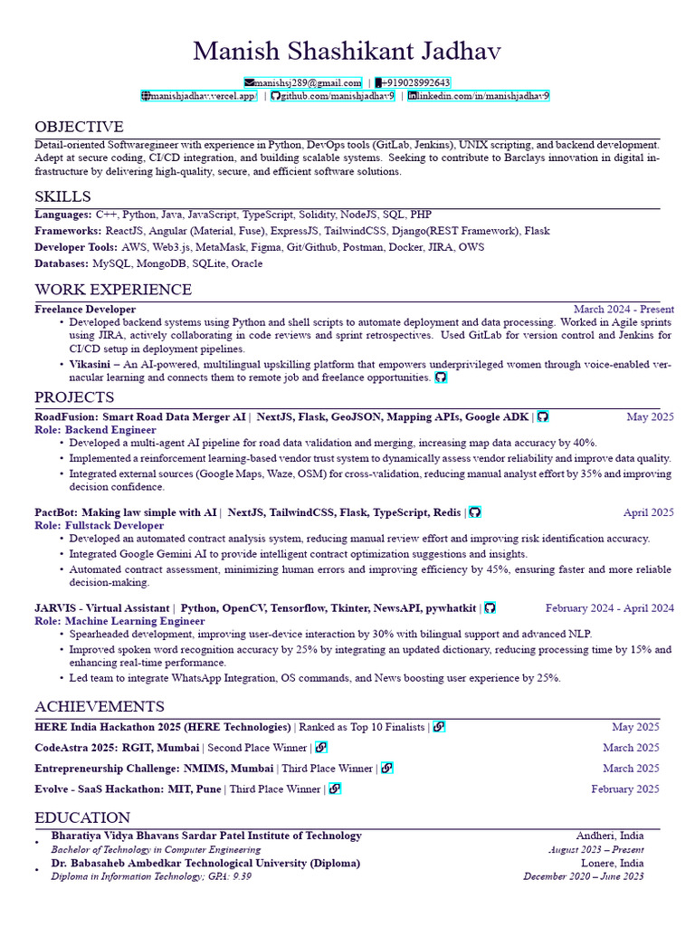 BArclays Resume | PDF | Computing | Software Engineering