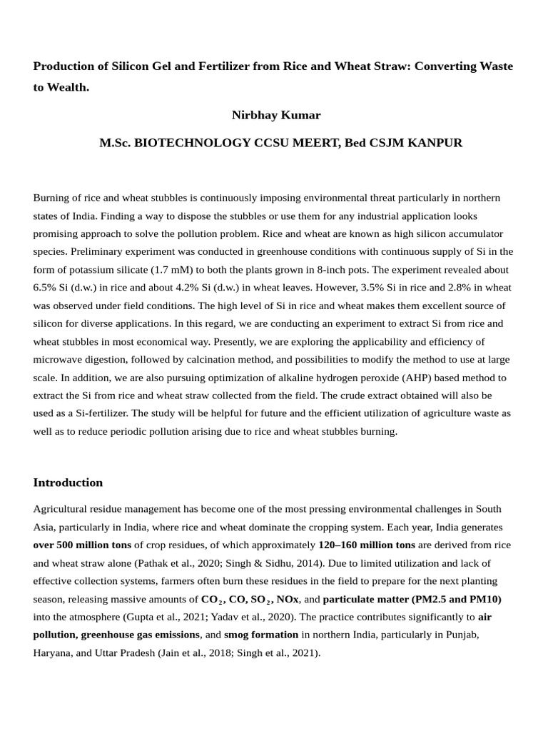 Production of Silicon Gel and Fertilizer From Rice and Wheat Straw: Converting Waste To Wealth ...