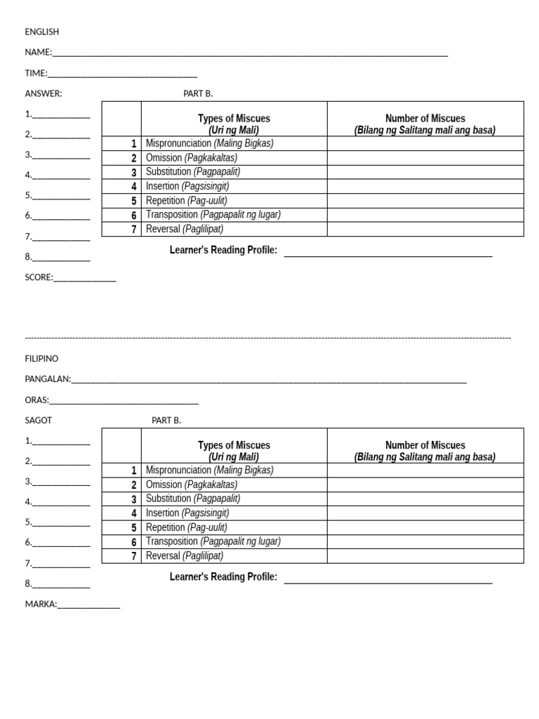 One On One Reading Answer Sheet | PDF