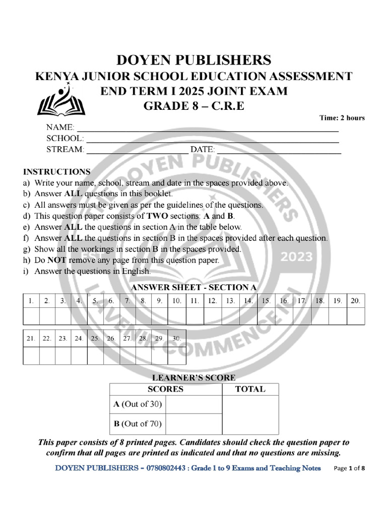 Grade 8 Cre End Term 1 2025 Exam | PDF