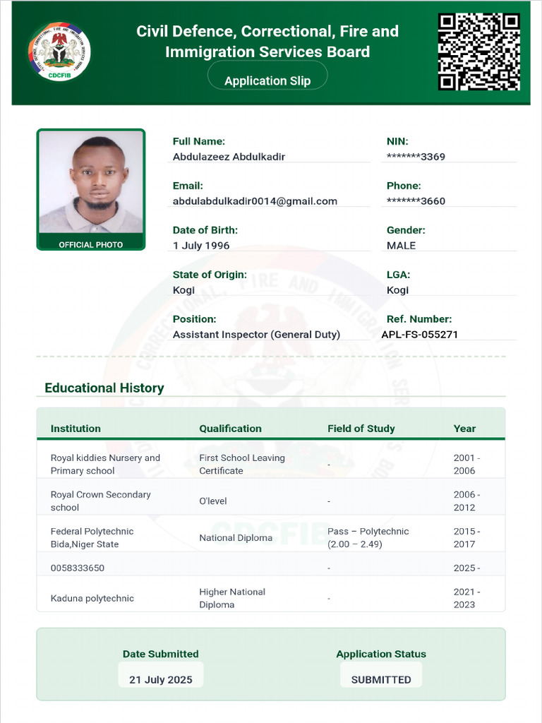 Abdulazeez Tenimu Abdulkadir Application Slip | PDF