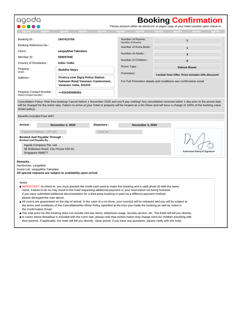 Confirmation For Booking ID # 1947412759 | PDF | Payments
