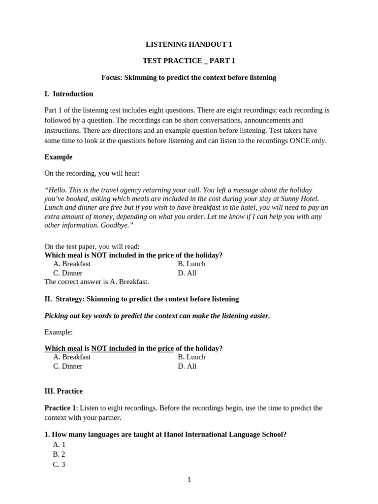 Listening Test Practice: Skimming Strategies | PDF | Meal | Lunch