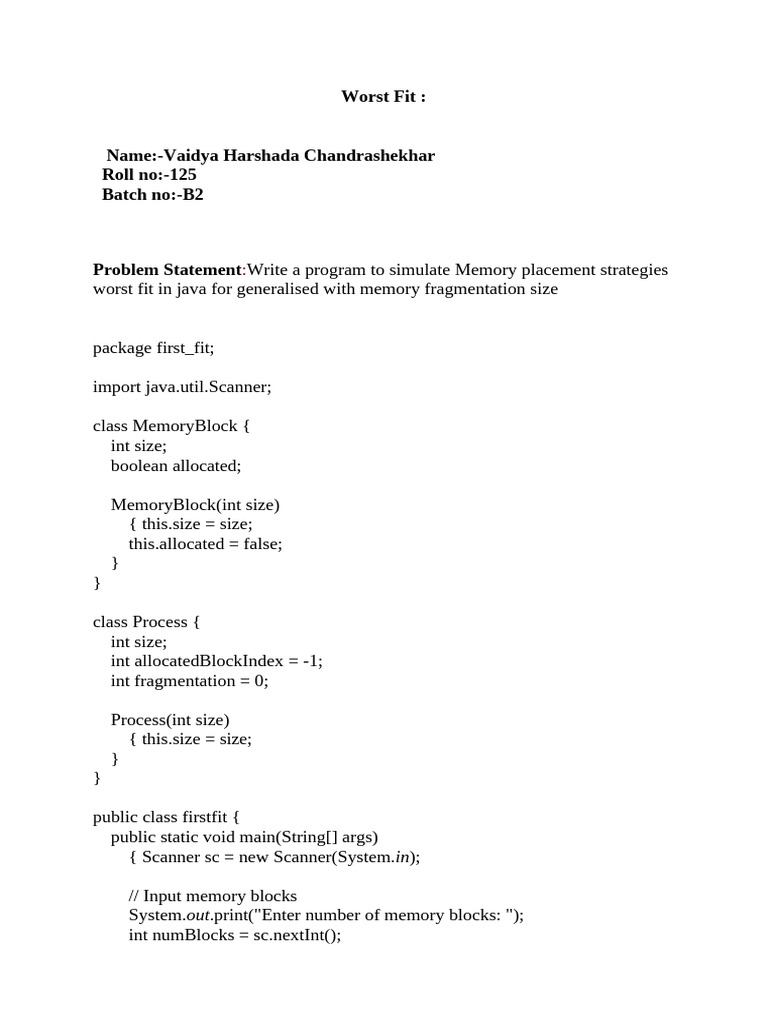 Java Memory Allocation: Worst Fit Strategy | PDF | Computer Programming ...