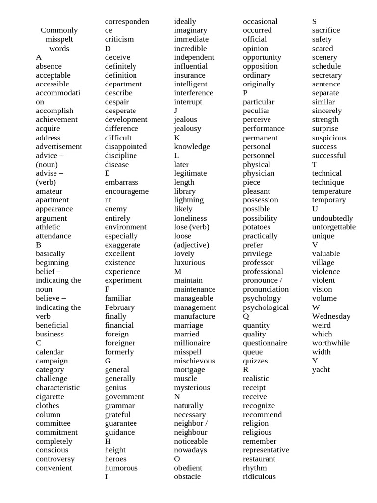 Commonly Misspelt Words | PDF | Jealousy