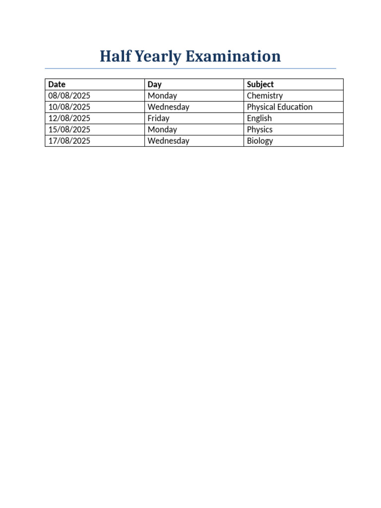 Half Yearly Examination Datesheet | PDF