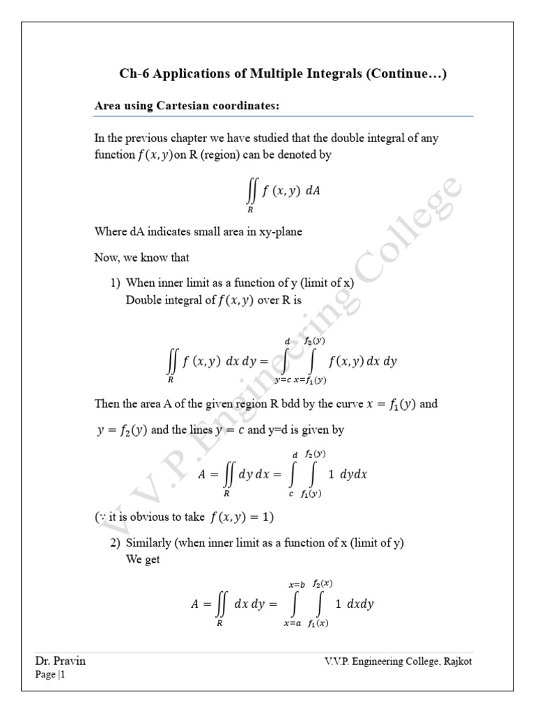Application of MULTIPLE Integrals | PDF | Area | Cartesian Coordinate ...