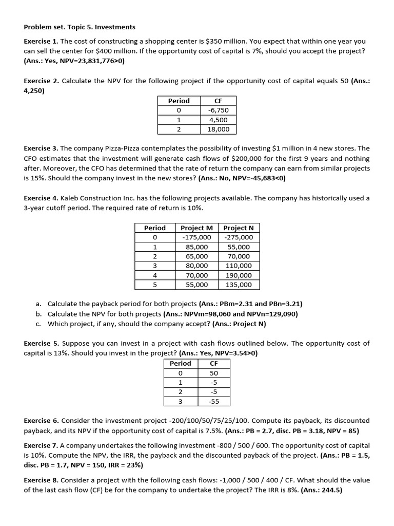 T5 Investments Exercises | PDF | Net Present Value | Internal Rate Of ...