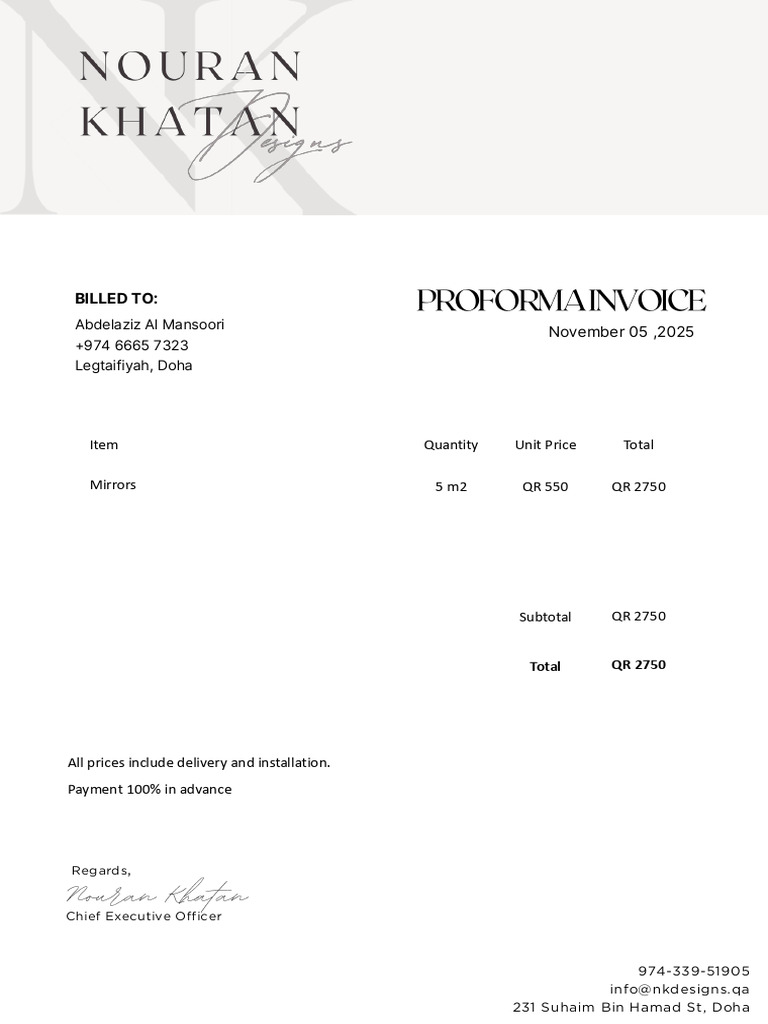 Legtaifiyah Villa Mirrors Variations Order Proforma Invoice | PDF