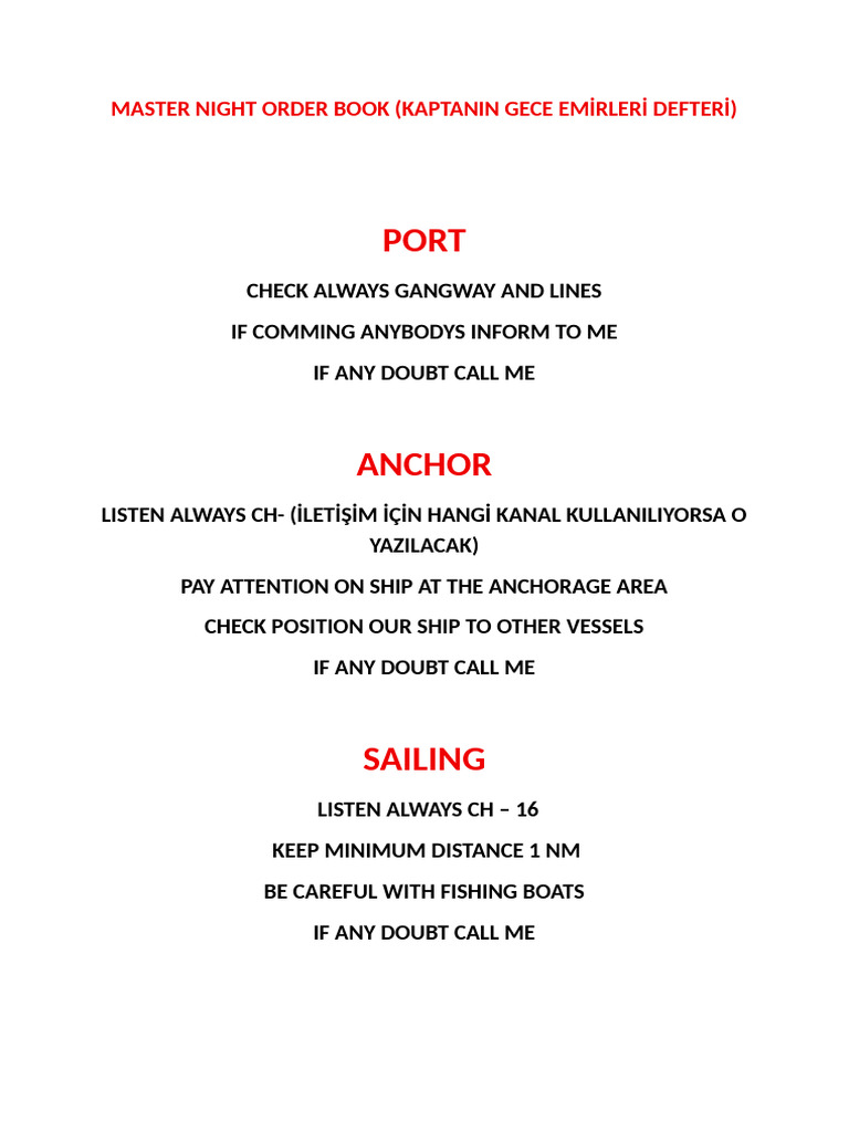 Master Night Order Book for Ports | PDF