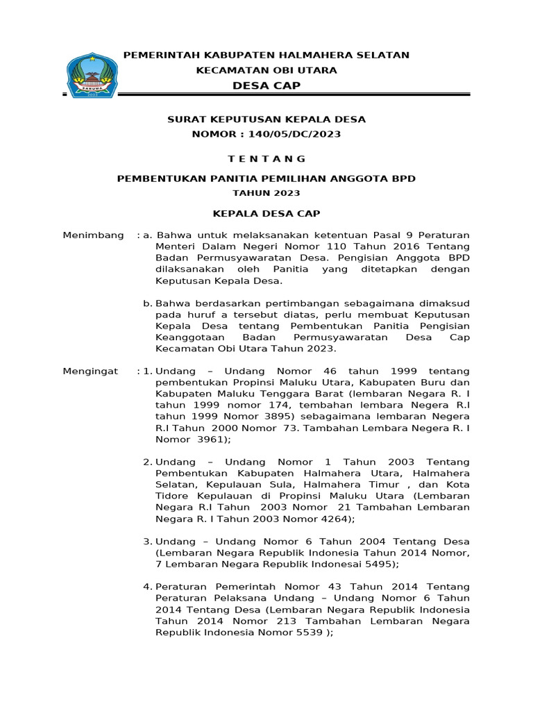 SK Panitia Pemilihan Anggota BPD Desa Cap 2023 | PDF