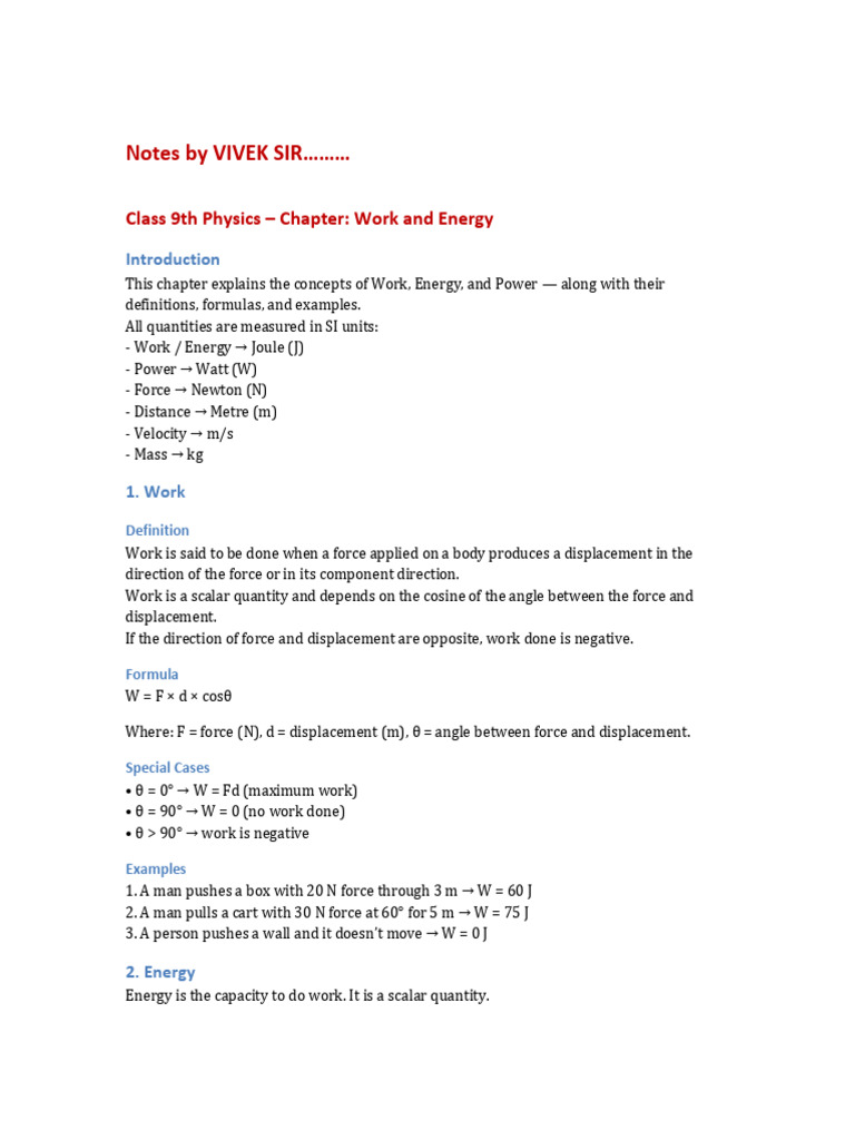 Work and Energy Notes by VIVEK SIR | PDF