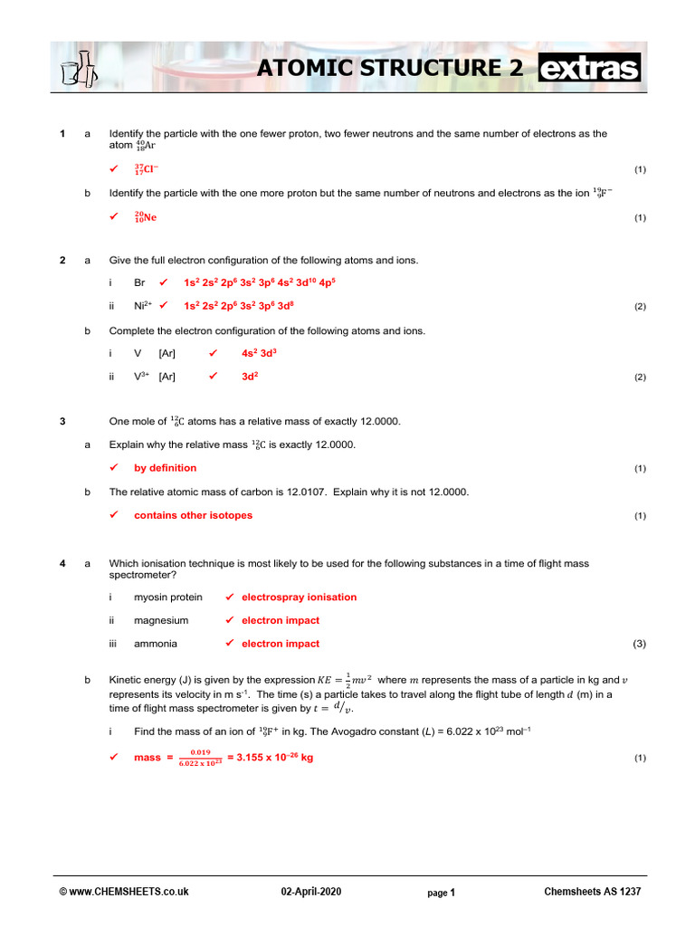 Chemsheets Atomic Structure | PDF | Atoms | Time Of Flight Mass Spectrometry