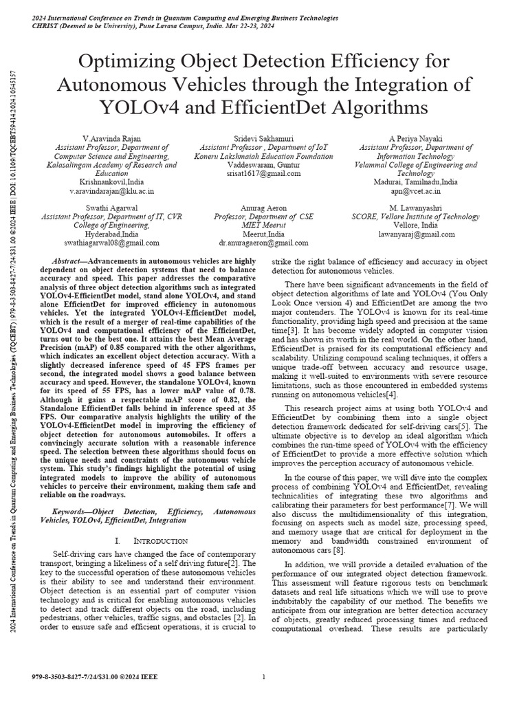Optimizing Object Detection Efficiency For Autonomous Vehicles Through The Integration of YOLOv4 ...