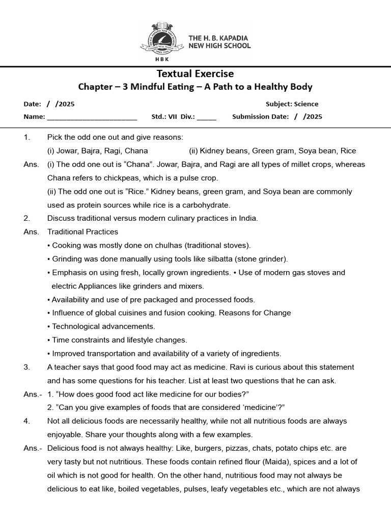 Grade - 6 - Science - CH - 3 - Textual Solution | PDF | Foods | Digestion