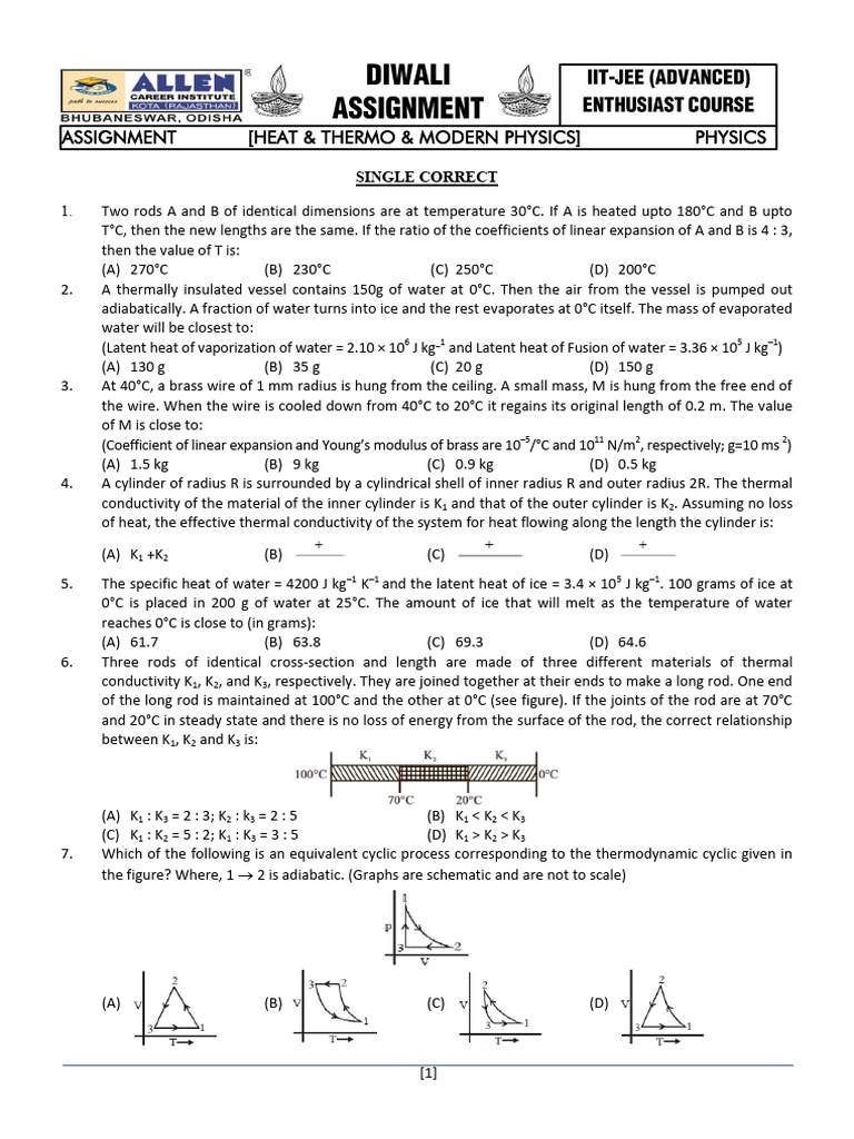 01. Diwali_assignment_physics_heat & Thermo & Modern Physics_sc | PDF | Electron | Gases