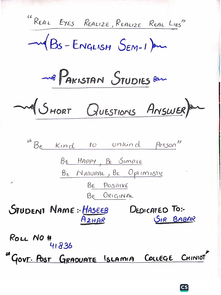 Pakistan Studies SQ | PDF