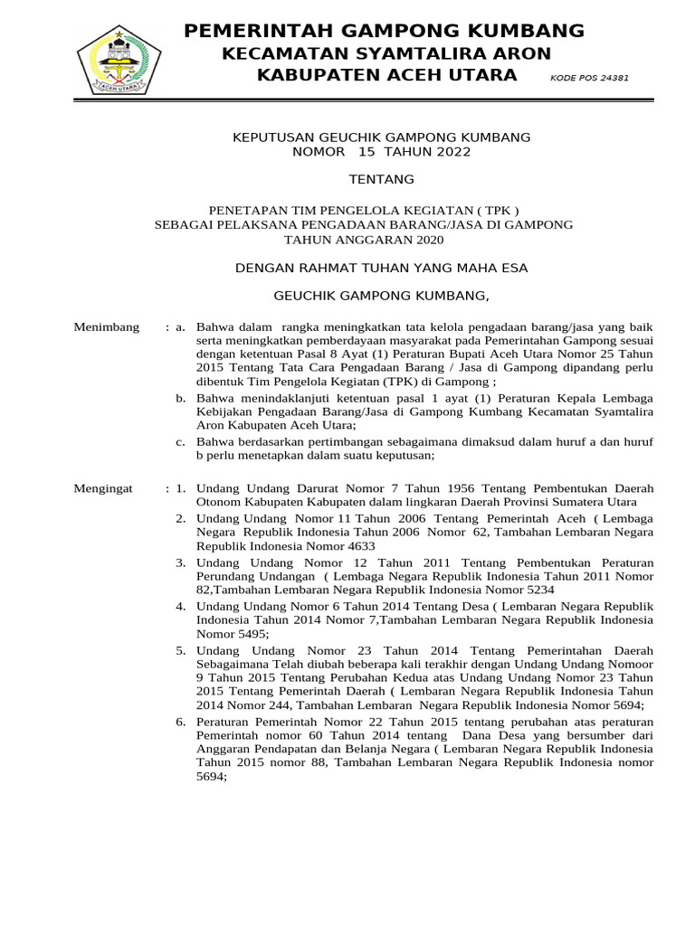 SK Tim Pengelola Kegiatan (TPK) 2022 | PDF