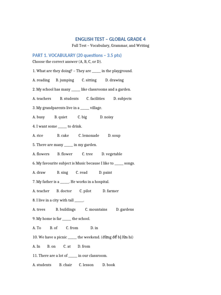 Grade 4 English Test: Vocabulary & Grammar | PDF | Chess Theory | Chess