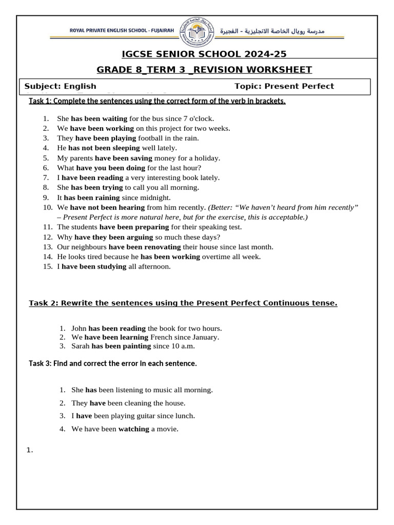 Answer Key - G8 - Present Perfect Continuous Tenses Worksheet | PDF