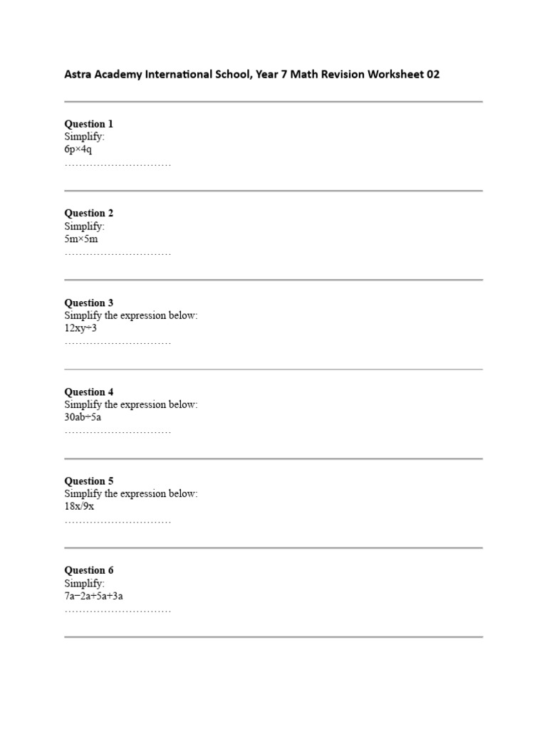Year 7 Math Revision Worksheet | PDF