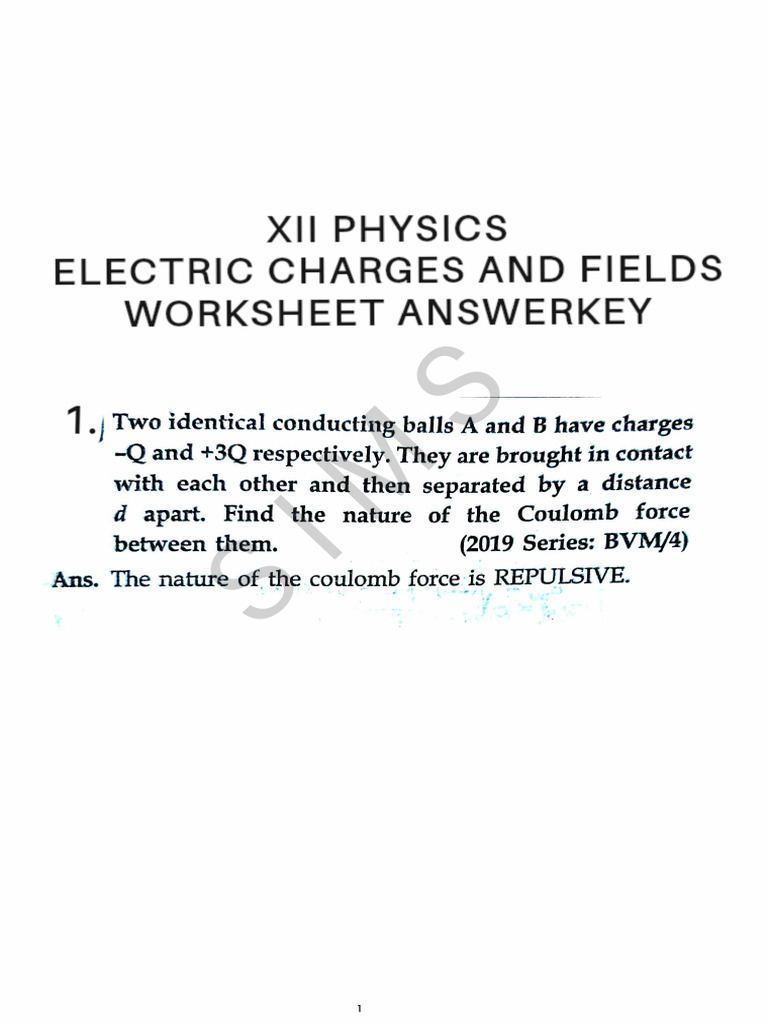 Xii Electric Charges and Fields Ws Answerkey | PDF
