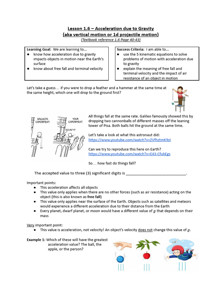 Lesson 1.6 Acceleration Due To Gravity | PDF | Acceleration | Classical ...