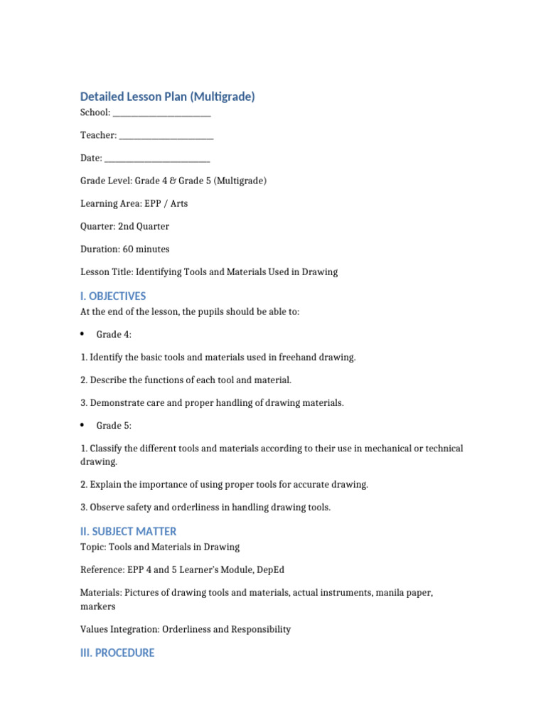 Multigrade Detailed Lesson Plan Grades4and5 | PDF | Drawing | Technical Drawing
