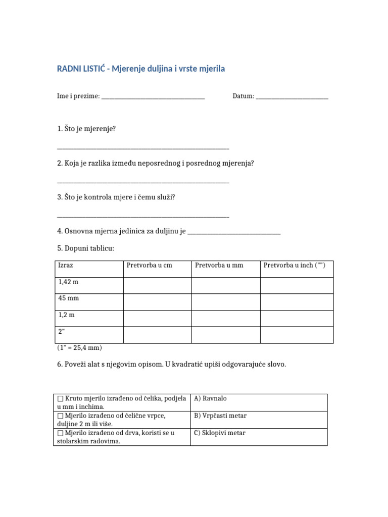Radni Listic Mjerenje | PDF