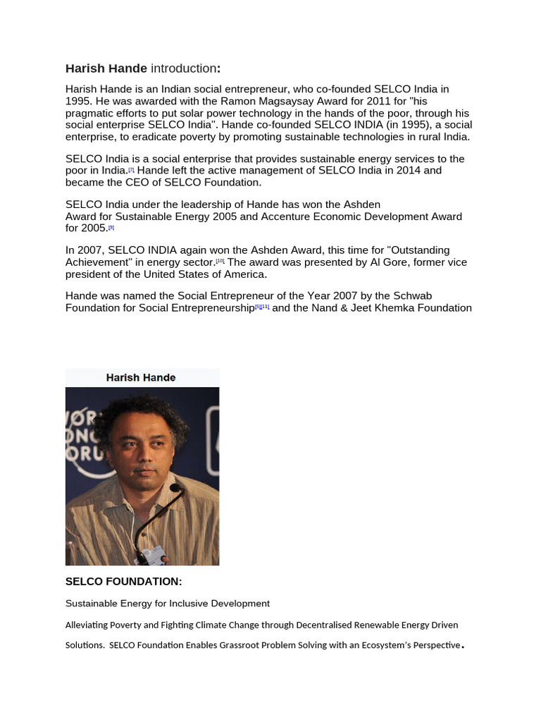 Harish Hande: Solar Social Entrepreneur | PDF
