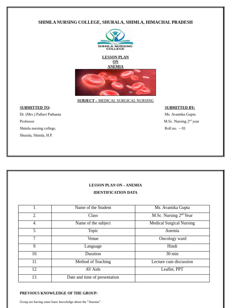Anemia Lesson Plan for Nursing Students | PDF | Anemia | Diseases And ...
