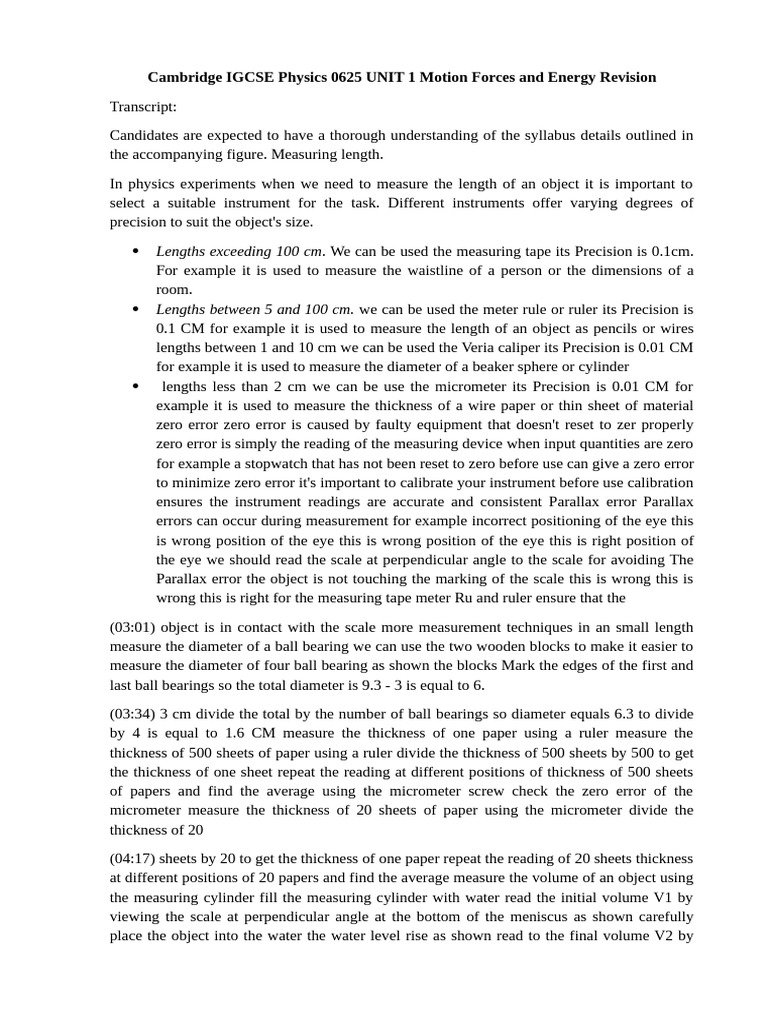 Cambridge IGCSE Physics 0625 UNIT 1 Motion Forces and Energy Revision | PDF | Euclidean Vector ...