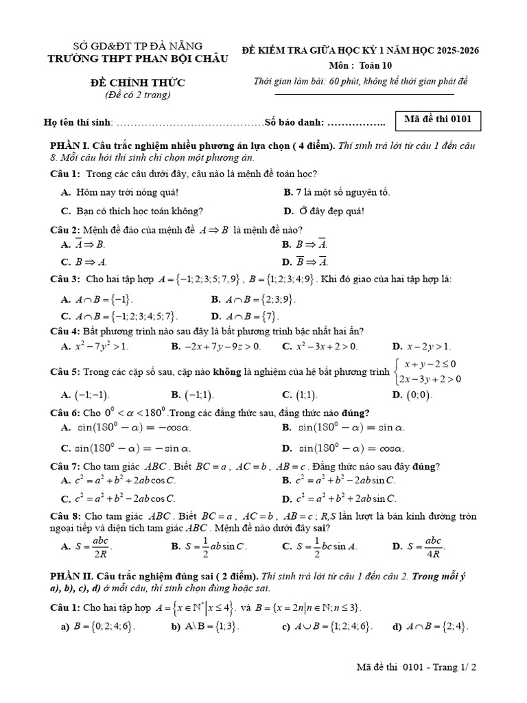 De Giua Hoc Ky 1 Toan 10 Nam 2025 2026 Truong Thpt Phan Boi Chau Da Nang | PDF