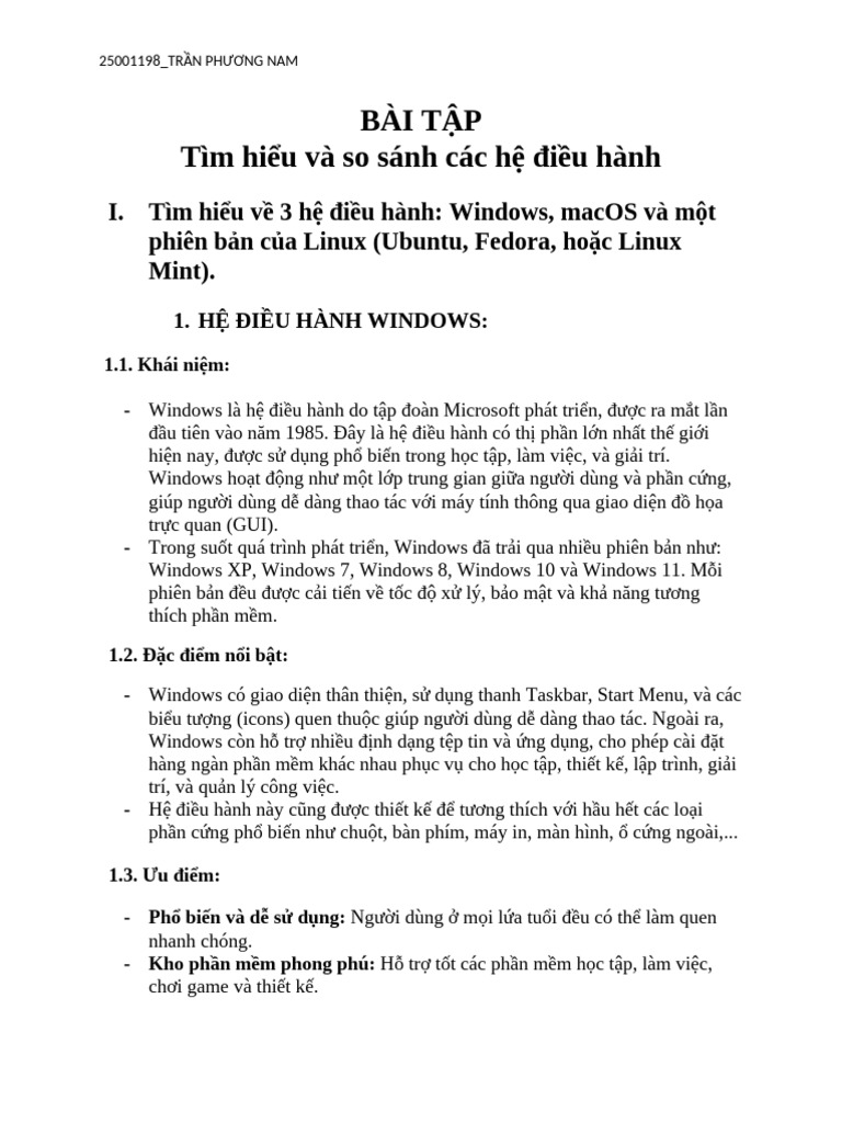BT2 - Tìm hiểu và so sánh các hệ điều hanh | PDF
